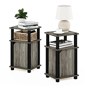 Furinno Brahms 3-Tier End Side Sofa Table/Nighstand with Door, 2-Pack, French Oak/Black