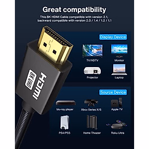 8K HDMI Cable 2.1 Certified 48Gbps 6.6ft/2m IVANKY Ultra High Speed HDMI 2.1 Cable Braided Cord 8K@60Hz 4K@120Hz, DTS:X, eARC HDR 12 HDCP 2.2&2.3, RTX 3090, Dolby for Roku TV/PS5/PS4/Xbox/HDTV/Blu-ray