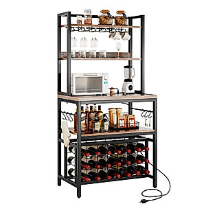 YITAHOME Kitchen Microwave Bakers Stand with Wine Rack, Wine Rack Freestanding Floor, Small Storage Shelves for Liquor Bottle Glasses Power Outlet Farmhouse Coffee Bar 31 Inch, Rustic Brown