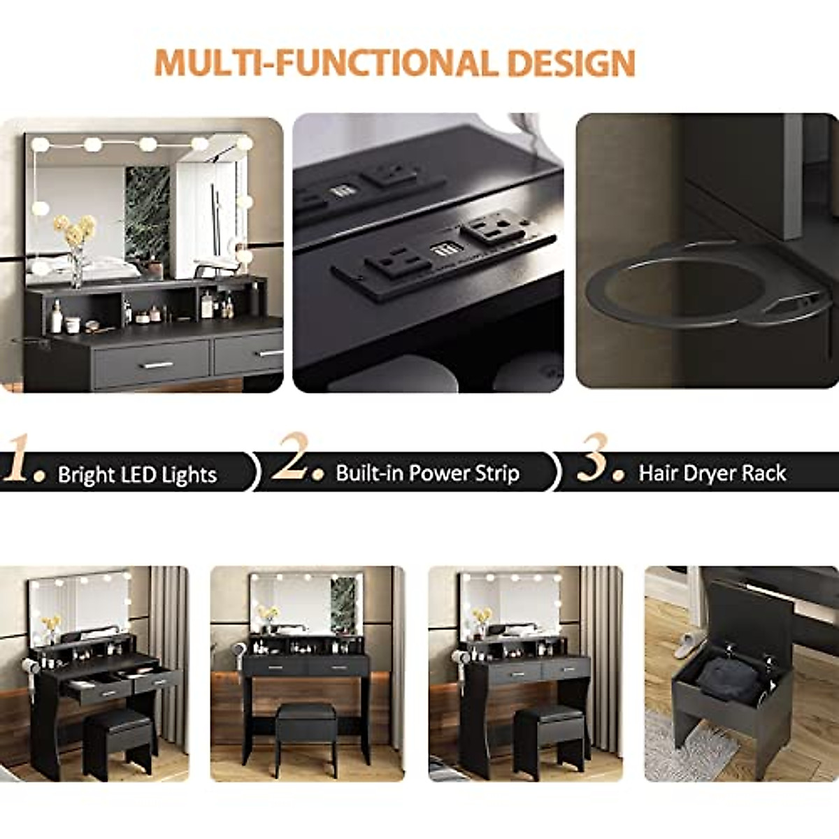 Makeup Vanity with Lighted Mirror & Power Outlet, White Vanity Set Vanity Desk, Clearance Makeup Vanity 3 Lighting Colors, Brightness Adjustable, 31.5in(W)