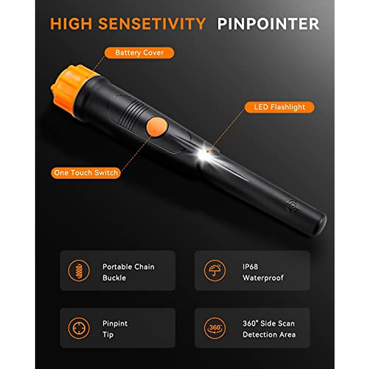 SUNPOW Metal Detector Pinpointer IP68 Waterproof Handheld Pin Pointer Wand with Belt Holster Treasure Hunting Tool Accessories, Buzzer Vibration Sound (Three Mode)