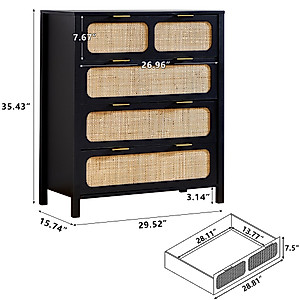 LEVNARY 4 Drawer Dresser Set of 2, Rattan Dressers Storage Cabinet with Metal Handles, Wooden Chest of Drawers Dresser for Bedroom, Entryway, Living Room, Hallway (2, Black)