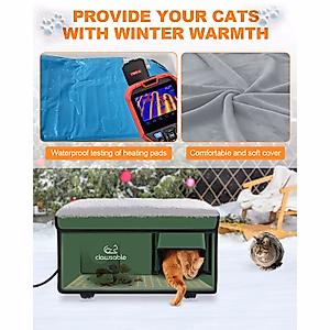 Heated Cat House for Outdoor Cat in Winter, Weatherproof Heated Cat Bed Kitty Shelter with Cat Heating Pad, Waterproof & Insulated & Safe Escape Door, Warm Home for Outside Barn Feral Stray Cat