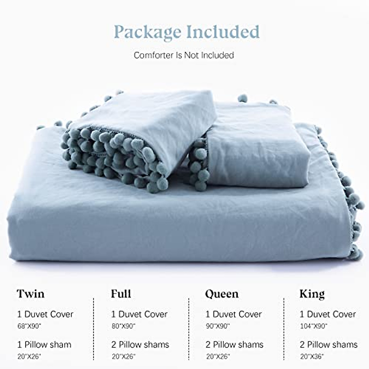 Newspin Duvet Cover King Size Pom Pom Fringe Blue,3Pcs Soft Breathable 100% Washed Microfiber Boho Bedding Duvet Cover Set with Zipper Closure,1 Duvet Cover(104"X90") and 2 Pillow Shams(No Comforter)