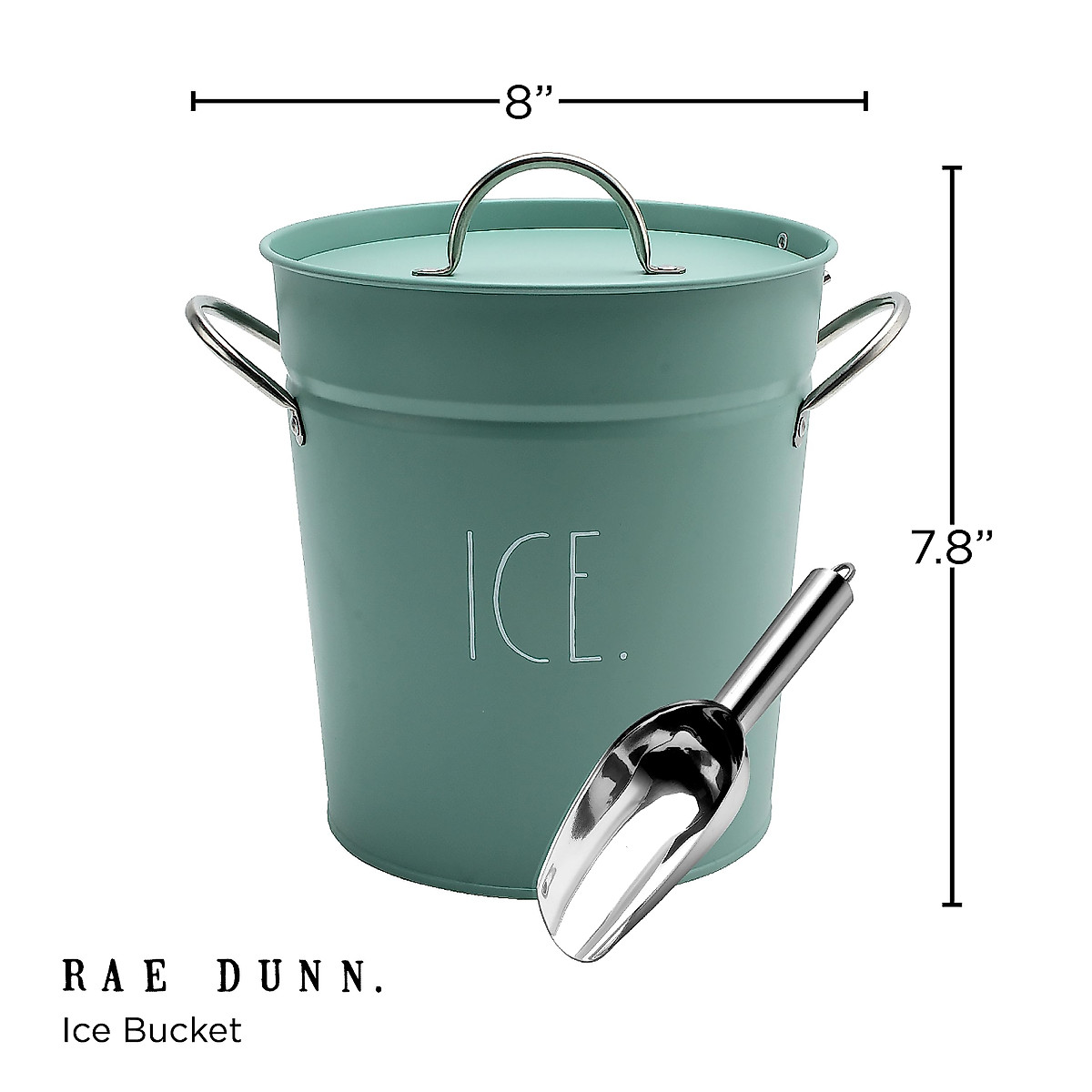 Rae Dunn Ice Bucket with Scoop - Stainless Steel Bucket with Handle, Lid and Ice Scooper - 4 Qt. Storage Bin for Ice Cubes for Bars, Parties, Backyard Barbeques, Picnics, and Camping (Sage)