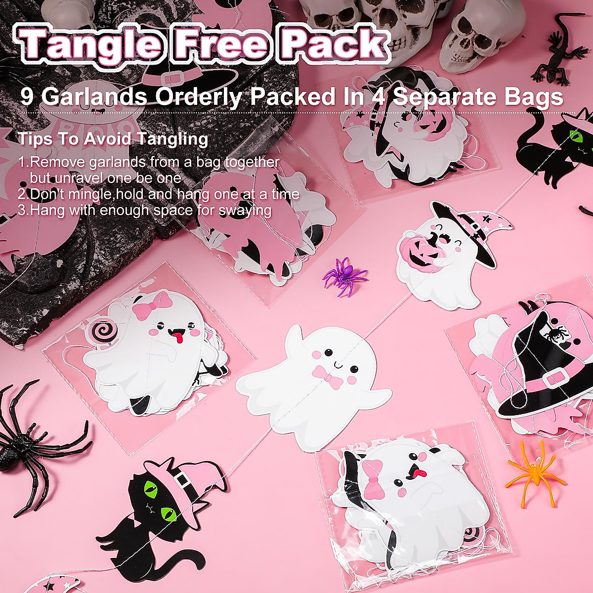 Ceenna 9 Pcs Halloween Baby Shower Decorations Pink and Black Paper Garland Banner Little Boo Bat Witch Hat Cat Hanging Decorations for Girl Birthday Party Favor Supplies