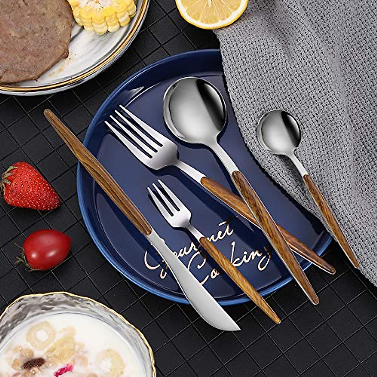 20-Piece Silverware Set with Faux Wooden Handle, Stainless Steel Flatware Set, Tableware Cutlery Set for 4 Including Forks Spoons Knives, Utensil Set for Home and Restaurant,Hand Wash Recommended