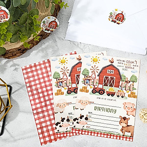 AnyDesign Farm Barnyard Birthday Party Invitations with Stickers Envelopes Red Buffalo Plaids Animal Pig Cow Party Invitation Paper Cards for Birthday Invites Party Supplies, 20 Sets, 5 x 7 Inch