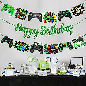 Video Game Birthday Banners Gamer Birthday Party Decorations 3Pcs Game on Party Decorations Gaming Happy Birthday Banner Green for Game Theme Baby Shower Supplies