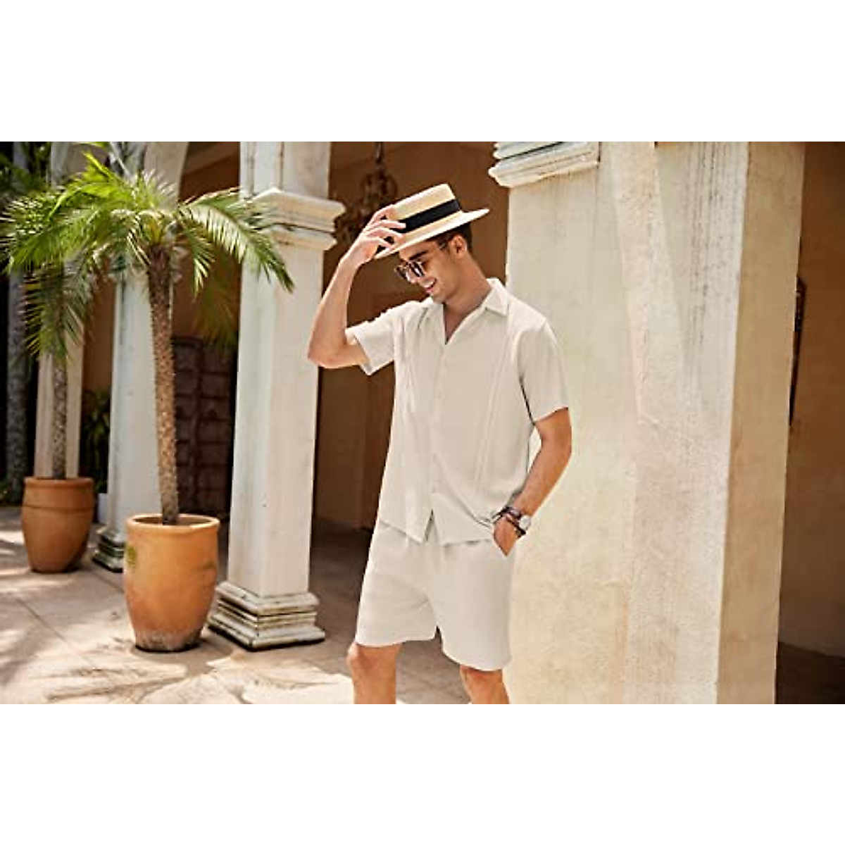COOFANDY Men Linen Beach Outfit Summer Cuban Button Down Shirt and Short Set