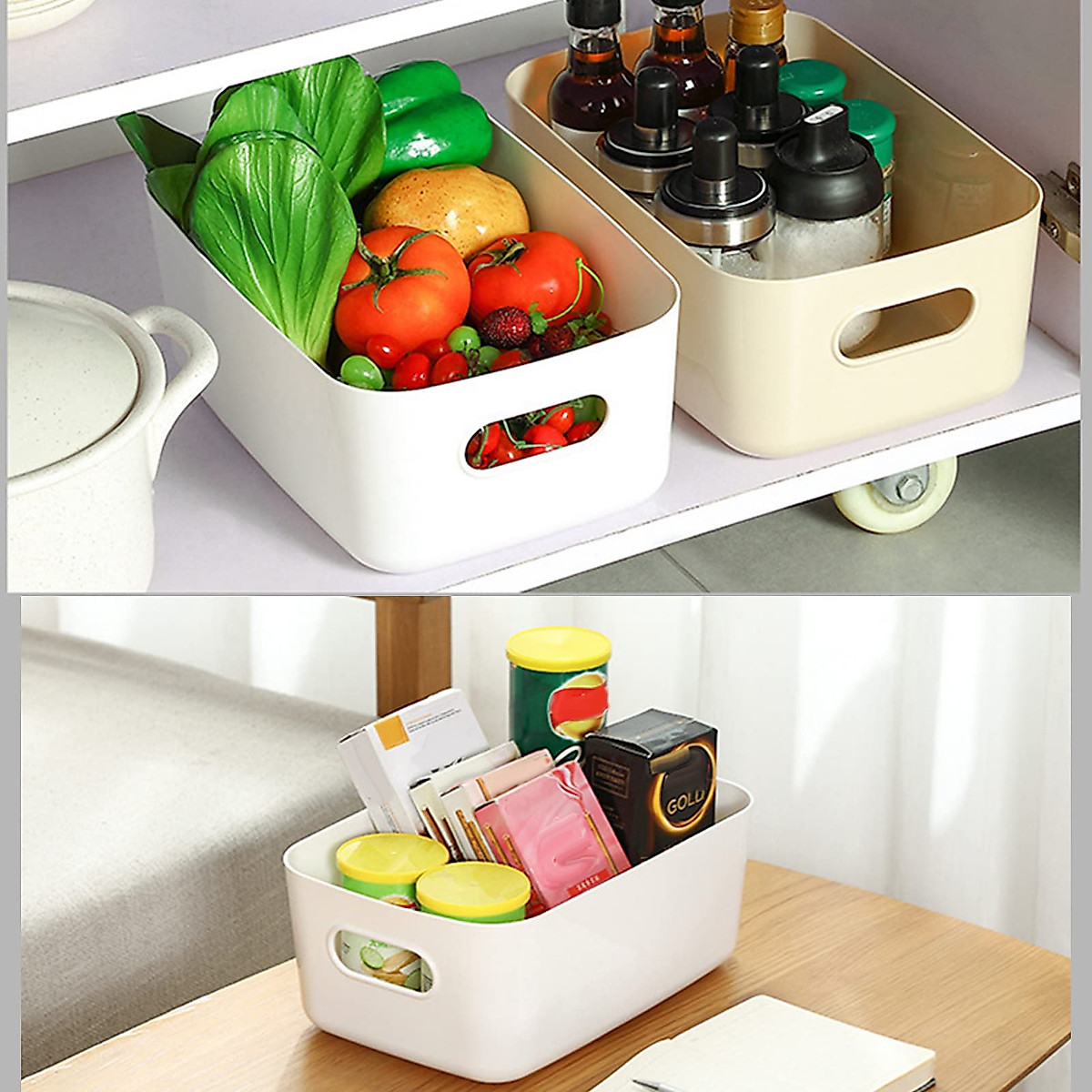 CHEOTIME Plastic Storage Bins, Desktop Storage Basket Plastic Storage Baskets with Handle Reusable PP Cosmetic Storages Box Desktops Sundries Organizer with Handle for Household(Small-Apricot)