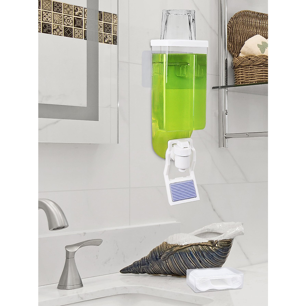 LOMEVE 20oz Mouthwash Dispenser Wall Mounted, Plastic Mouthwash Dispenser for Bathroom, Mouthwash Container with 50 Dental Floss, Glass Cup, and Adhesive Hook