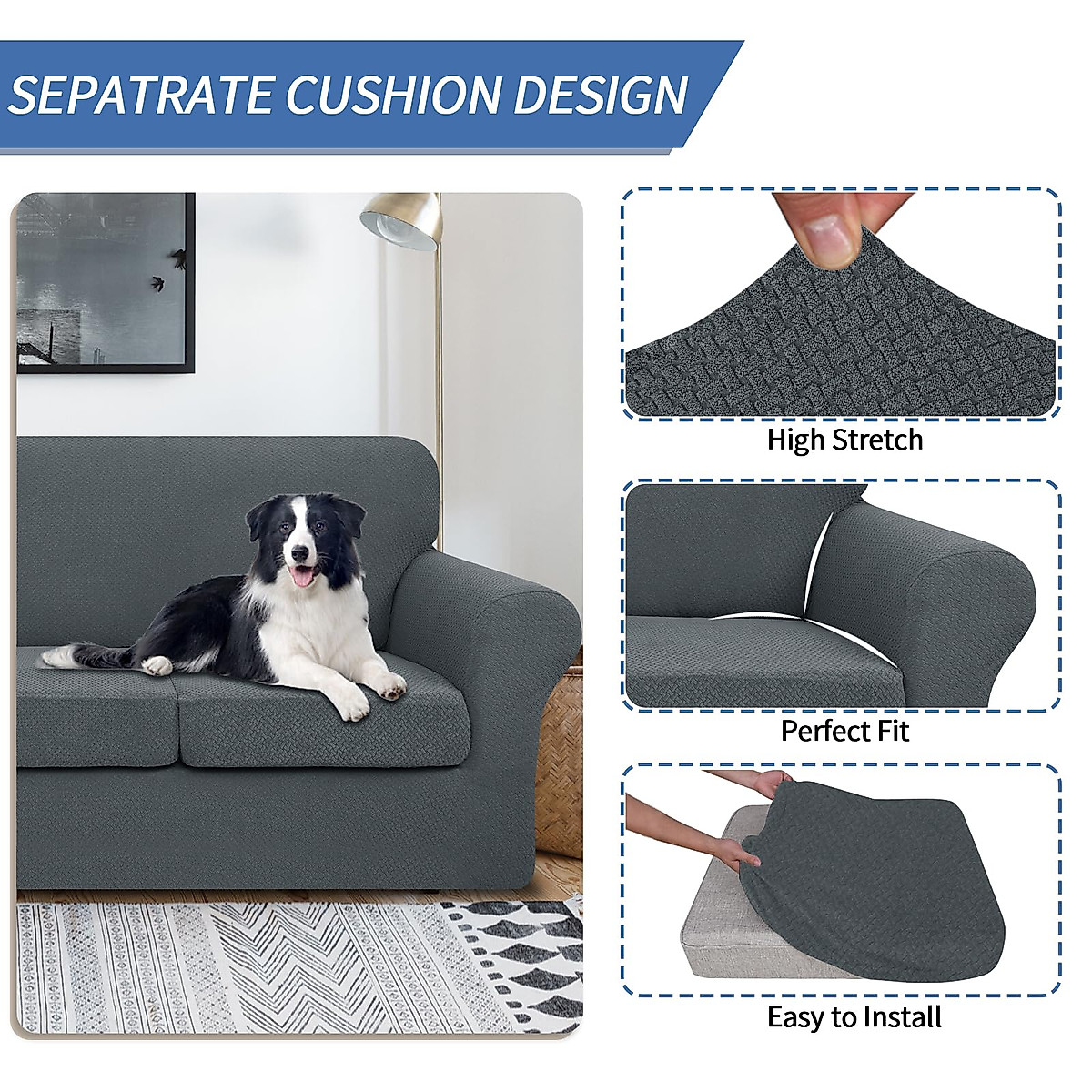 JIVINER 2 Pieces Armchair Covers for Living Room Stretch Chair Slipcovers with 1 Seat Cushion Covers Thick Fitted Couch Cover for Pet Dogs Furniture Protector (Chair, Dark Gray)