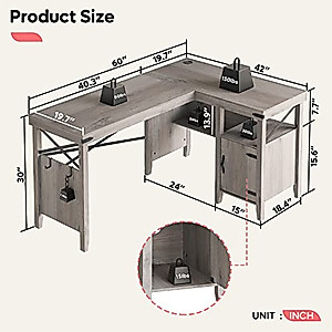 Bestier L-Shaped Home Office Computer Desk with Storage Cabinet & Bookshelf, Farmhouse Office Table for Writing Study, 60 x 42 Inch Convertible Corner Workstation Table with Shelves, Gray