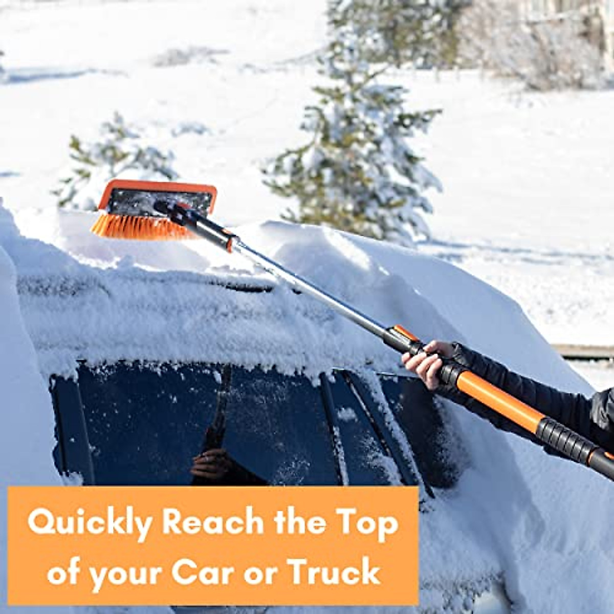 BIRDROCK HOME 60" Extendable Snow Brush with Detachable Ice Scraper for Car | 14" Wide Squeegee & Bristle Head | Size: Truck, Car, SUV, & RV | Aluminum Body with Ergonomic Rubber Grip