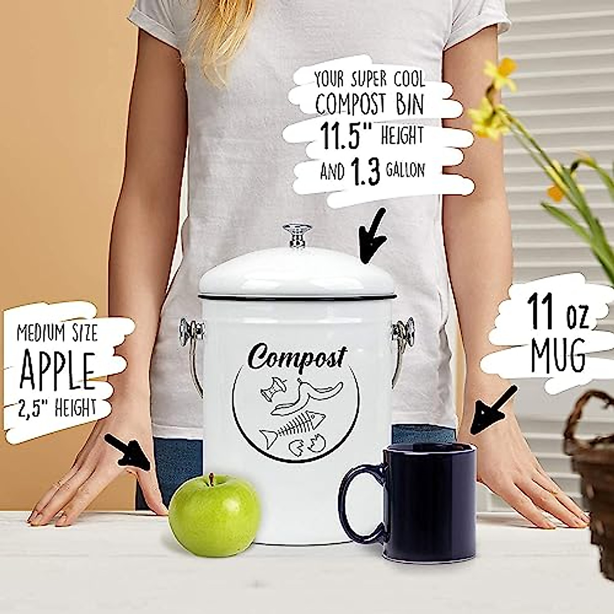 Wishful Home Compost Bin Kitchen Counter | Indoor Compost Bin | Kitchen Compost Bin Countertop | Odorless Compost Counter Bin with Lid | Rust Proof Compost Bucket | Non-Smell Filter | White