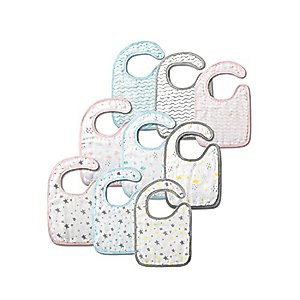 Little Grape Land 1OO% Cotton Muslin Bib 9 Pack, 8 Layers Breathable Adjustable Snaps Fits Babies and Toddlers 0-36 Months, Machine Washable Bib for Boys Girls - Colorful Stars & Stripe