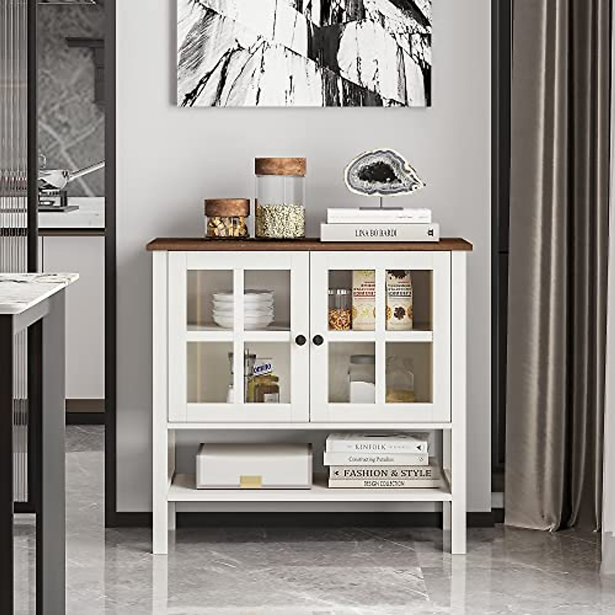 Spirich Home Sideboard Buffet Cabinet, Kitchen Storage Cabinet with 2 Glass Doors and Adjustable Shelf, Wood Cupboard Console Table for Dining Room White