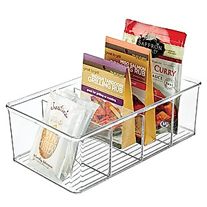 mDesign Plastic Divided Kitchen Organizer Bin Container Box with 4 Sections for Pantry, Fridge, Refrigerator, Countertop, Pantry - Hold Cereal, Snacks, Tea, Seasoning - Ligne Collection - Clear