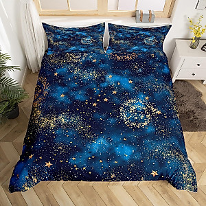 Castle Fairy Blue Galaxy Duvet Cover King Size, Golden Stars Spiral Planets Print Nebula Universe Theme Comforter Cover for Girls Teens Gift, Outer Space Mysterious Style Duvet Set with 2 Pillowcases