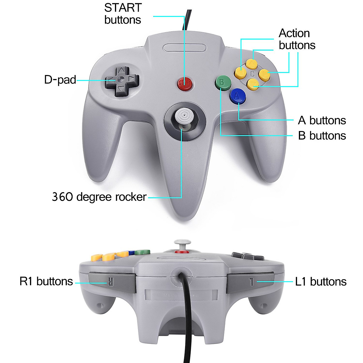 4 Pack Classic 64 Controller, suily Game pad Joystick for 64 - Plug & Play (Non PC USB Version) (Black/Gray/Red/Blue)