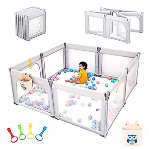 Preneo Foldable Baby Playpen, Play Pens for Babies and Toddlers, with 4 Pull Rings and 1 Storage Box, Large Playards for Easy Installation and Storage, Material Safety and Stability.
