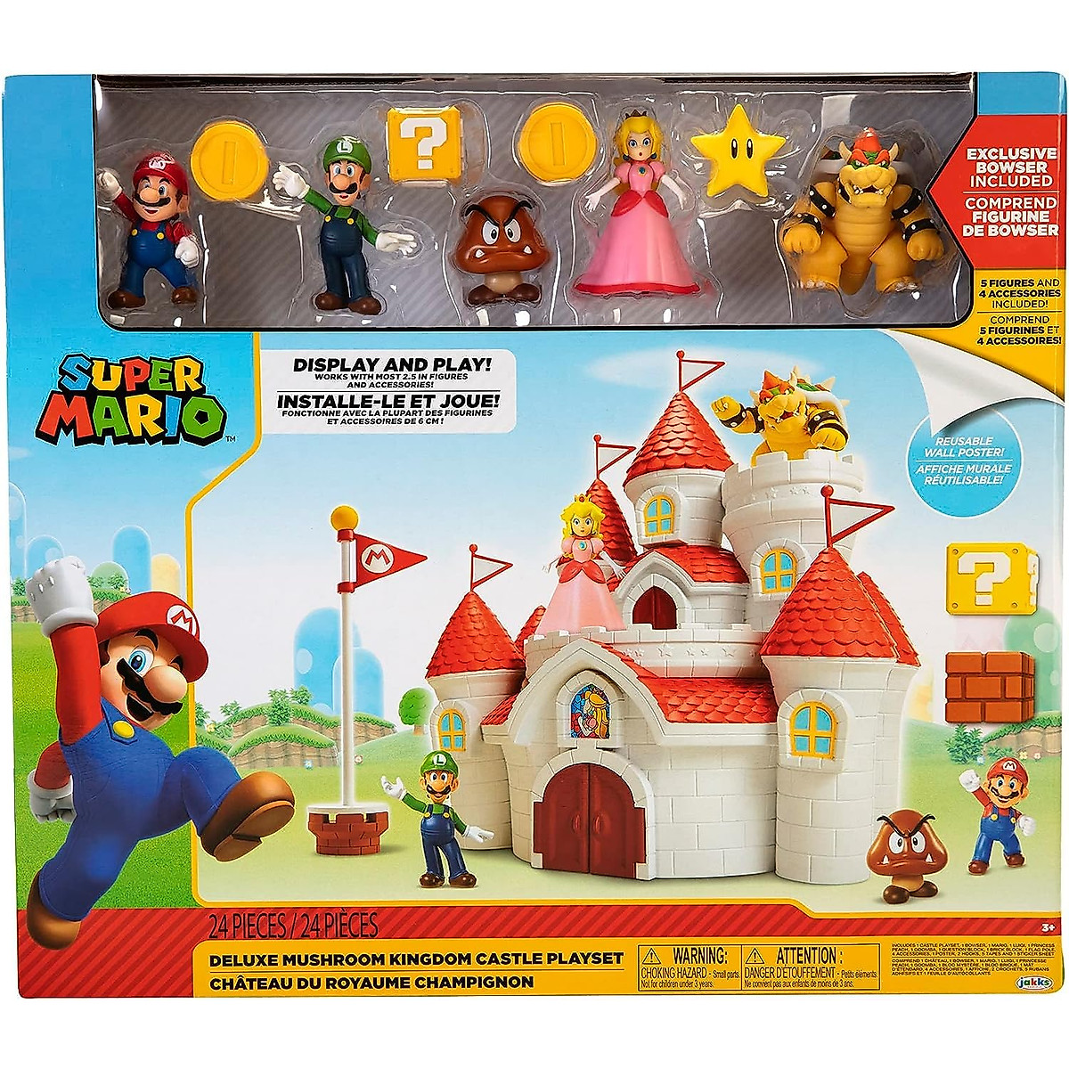 Super Mario Nintendo Deluxe Mushroom Kingdom Castle, Wall Display & Playset with (5) 2.5" Articulated Action Figures (Exclusive Bowser Figure, Princess Peach, Mario, Luigi & Goomba)