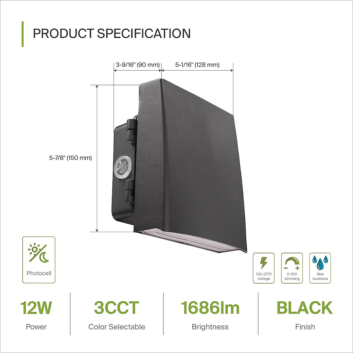 ASD LED Wall Pack Light 12W Photocell, Adjustable Cutoff Dusk to Dawn Outdoor Lighting, 3000K/4000K/5000K Selectable, 1700LM, 120-277V, Dimmable Waterproof Fixture, Black Finish, UL & DLC Certified