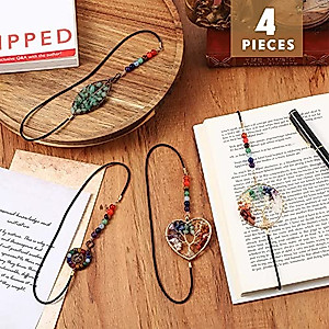 4 Pieces Crystal Bookmark Tree Elastic Bookmark Antique Beading Bookmarks Handmade 7 Chakra Crystals Tree Bookmarks for Book Lovers Gemstones Book Markers for Office Teacher Student Birthday Gifts
