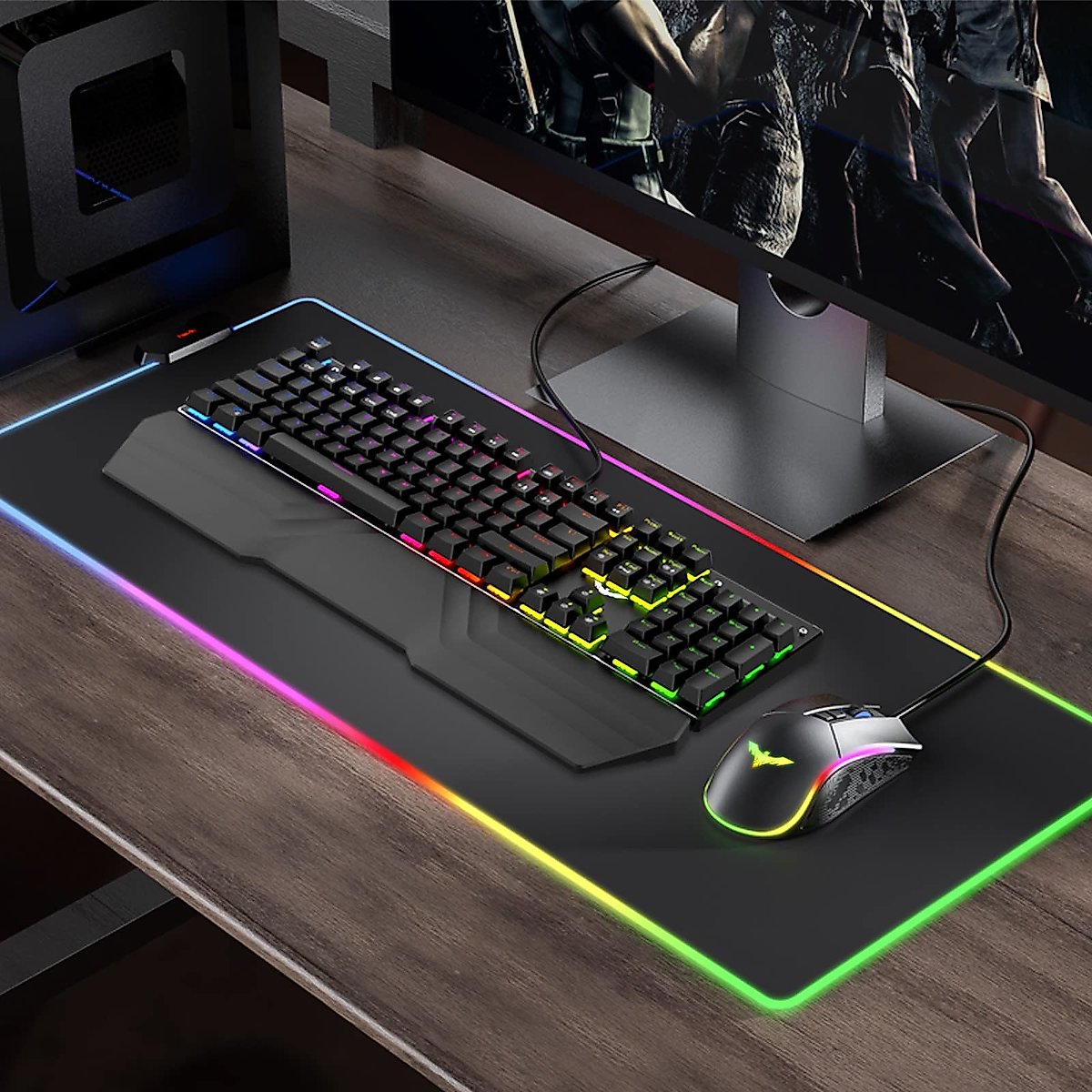 Havit Mechanical Keyboard and Mouse Combo RGB Gaming 104 Keys Blue Switches Wired USB Keyboards with Detachable Wrist Rest, Programmable Mouse, RGB Large Gaming Mouse Pad for PC Gamer Computer Desktop