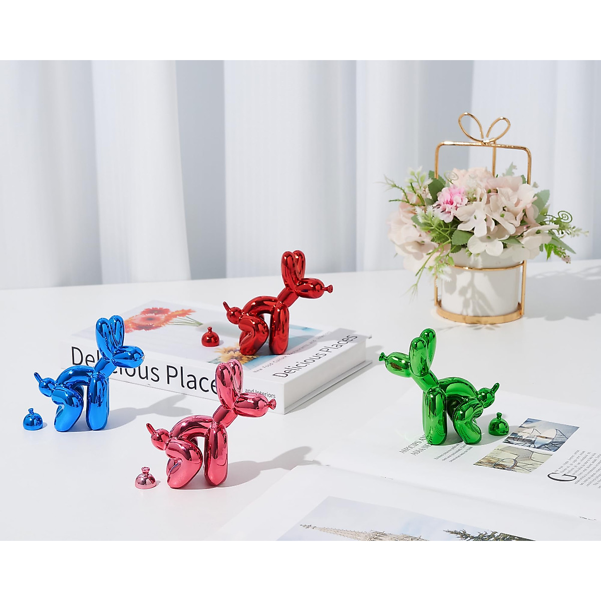 Artconal Balloon Dog Statue Decor, Shiny Pink Small Knick Knacks Decoration, White Elephant Funny Gag Gifts Package, Humorous Balloon Animal Art Decoration