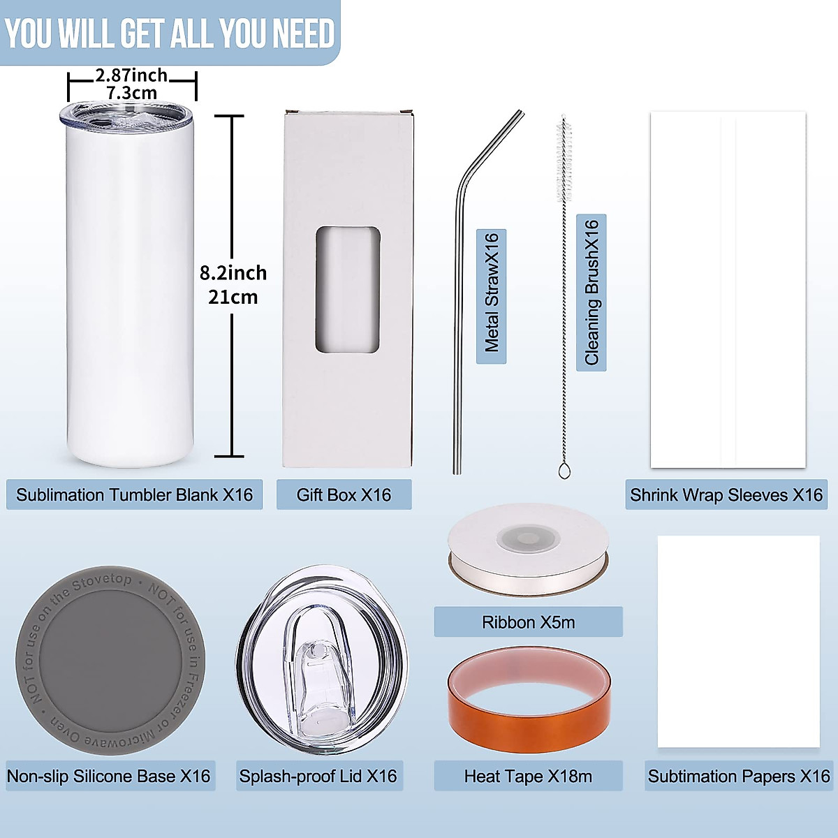 Sublimation Tumblers bulk 20 OZ Skinny Stainless Steel Double Wall Insulated Straight Sublimation Cups 16 Pack Blanks White Tumbler with Lid,Straw,Heat Resistant Tape&Shrink Sleeves,Individually Boxed