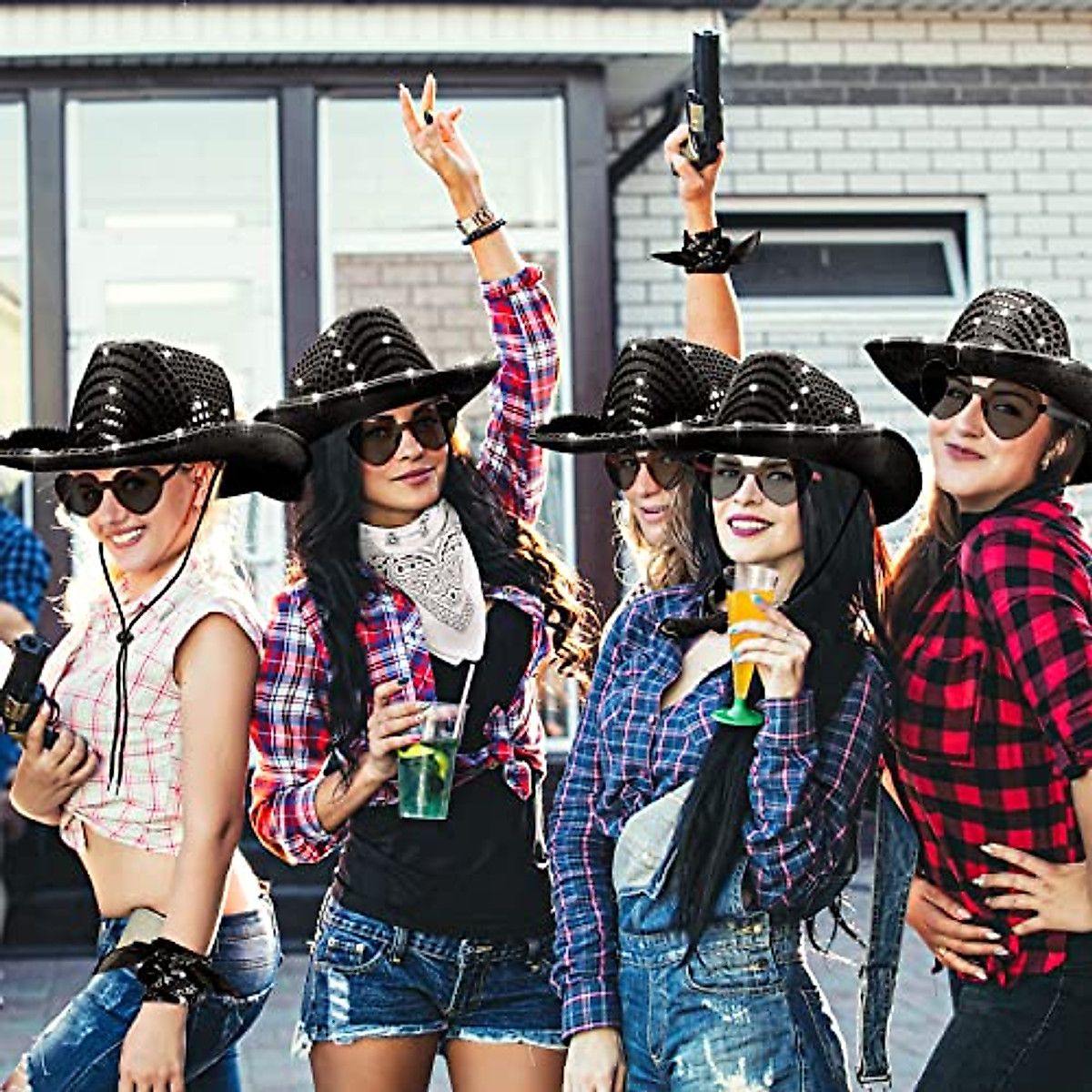 6 Pack Light Hat Space Cowgirl Hat LED Flashing Hat with 6 Heart Glasses 6 Paisley Bandanna Western Cowboy Costume(Black)