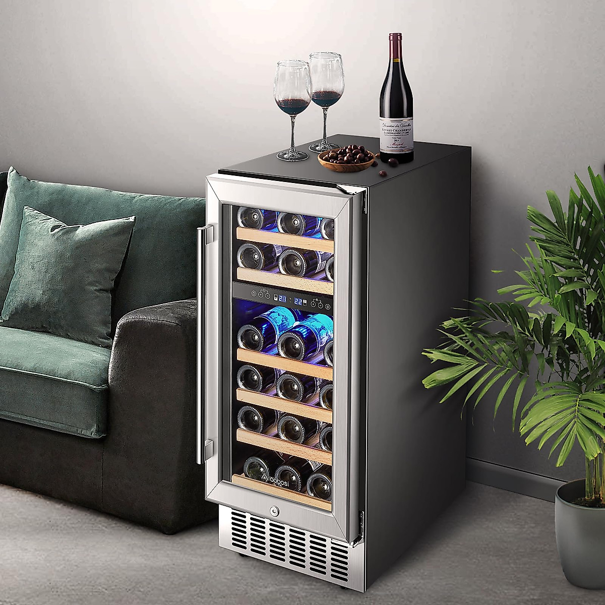 AAOBOSI 28 Bottles Wine Fridge, 15 Inch Dual Zone Wine Cooler with 6 Adjustable Shelves and Safety Lock, Digital Touch Screen, Low Noise Compressor Wine Refrigerator, Temperature Memory Function