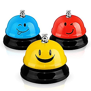3 Pieces Desk Bell for Service, Smile Face Call Bell, Desk Bell 3 Inch Diameter, Call Bells with Metal Anti-Rust Construction,Front Desk Bell for Hotel, Restaurant, Office, Schools (Red, Yellow, Blue)