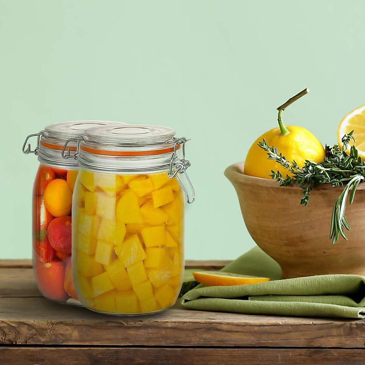 Encheng 32 oz Glass Jars With Airtight Lids And Leak Proof Rubber Gasket,Wide Mouth Mason Jars With Hinged Lids For Kitchen Canisters 1000ml, Glass Storage Containers 4 Pack