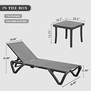 Domi Pool Lounge Chairs Set of 3, Aluminum Adjustable Outdoor Chaise Lounge with Wheels and Side Table, All Weather Poolside Chairs for Deck Lawn Patio Backyard, Textilene- Gray