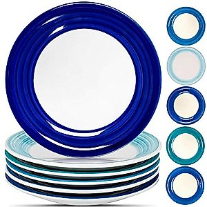 REOMORE Porcelain Dinner Plates Set of 6, 10.5 inch Ceramic Dessert Plates Set- Microwave, Oven, and Dishwasher Safe Salad Plates Kitchen Dinnerware Set, Assorted Blue Colors