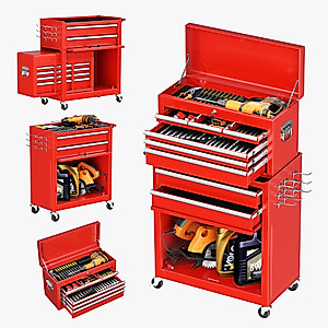 INTERGREAT 8 Drawer Rolling Tool Chest, High Capacity Tool Chest with Wheels, 2-in-1 Detachable Steel Toolchest Organizer Combo, Tool Cabinet for Garage, Workstation (Red)