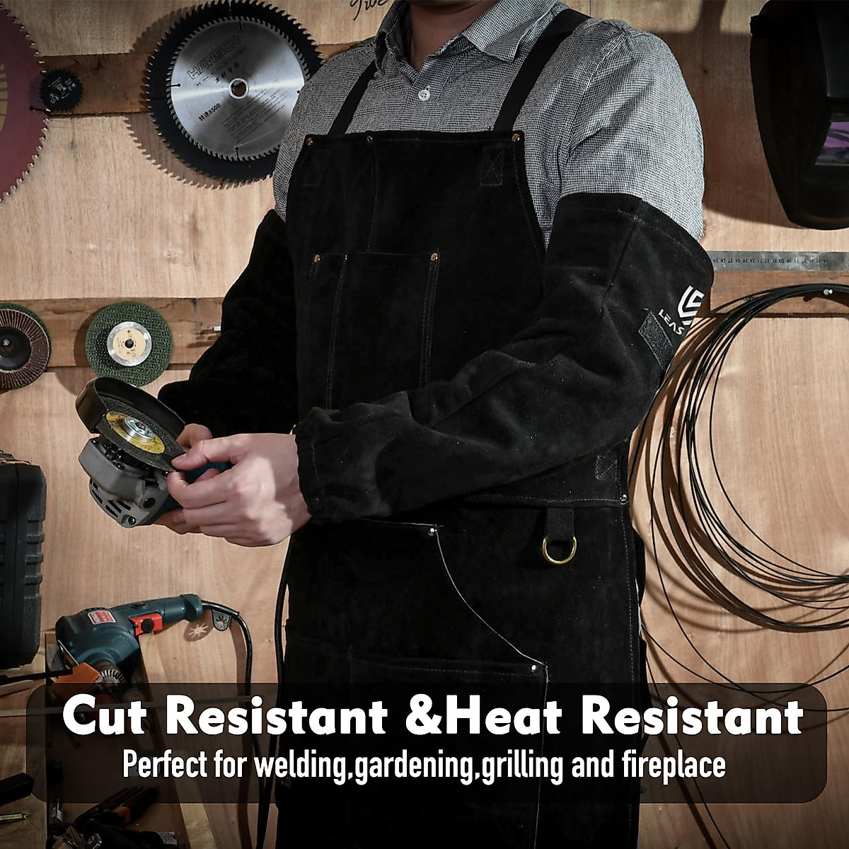 LeaSeek Leather Welding Work Sleeves,Heat & Flame Resistant Arm Protection Gardening Sleeve