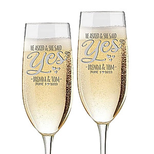 Set of 2, Personalized Wedding Champagne Flute Glasses 8 oz. Custom Engraved with Names and Date, Toasting Flutes for Bride, Groom, Newlyweds (Said Yes)