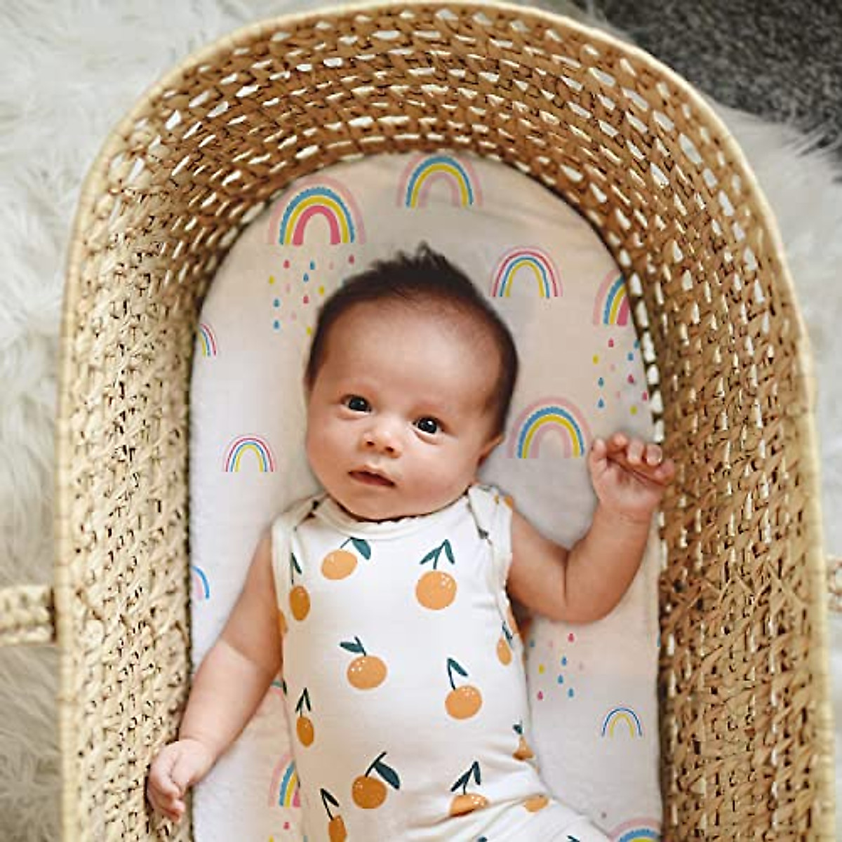 Plushii Bassinet Sheets for Baby Girls 3 Pack, 32"x 16" Extra Soft Microfiber Bassinet Sheet Universal for Oval Rectangle and Hourglass Bassinet Mattress, Rainbow & Pink Elephant & Stars