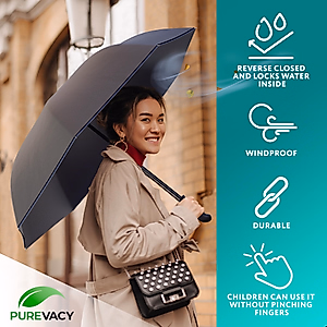 PUREVACY Reverse Umbrella with Sturdy Shaft, 8 Reinforced Ribs, Teflon Coating, Black-Navy Blue Inverted Umbrella Compact, Windproof Upside Down Umbrella for Women, Men, Inside Out Umbrella