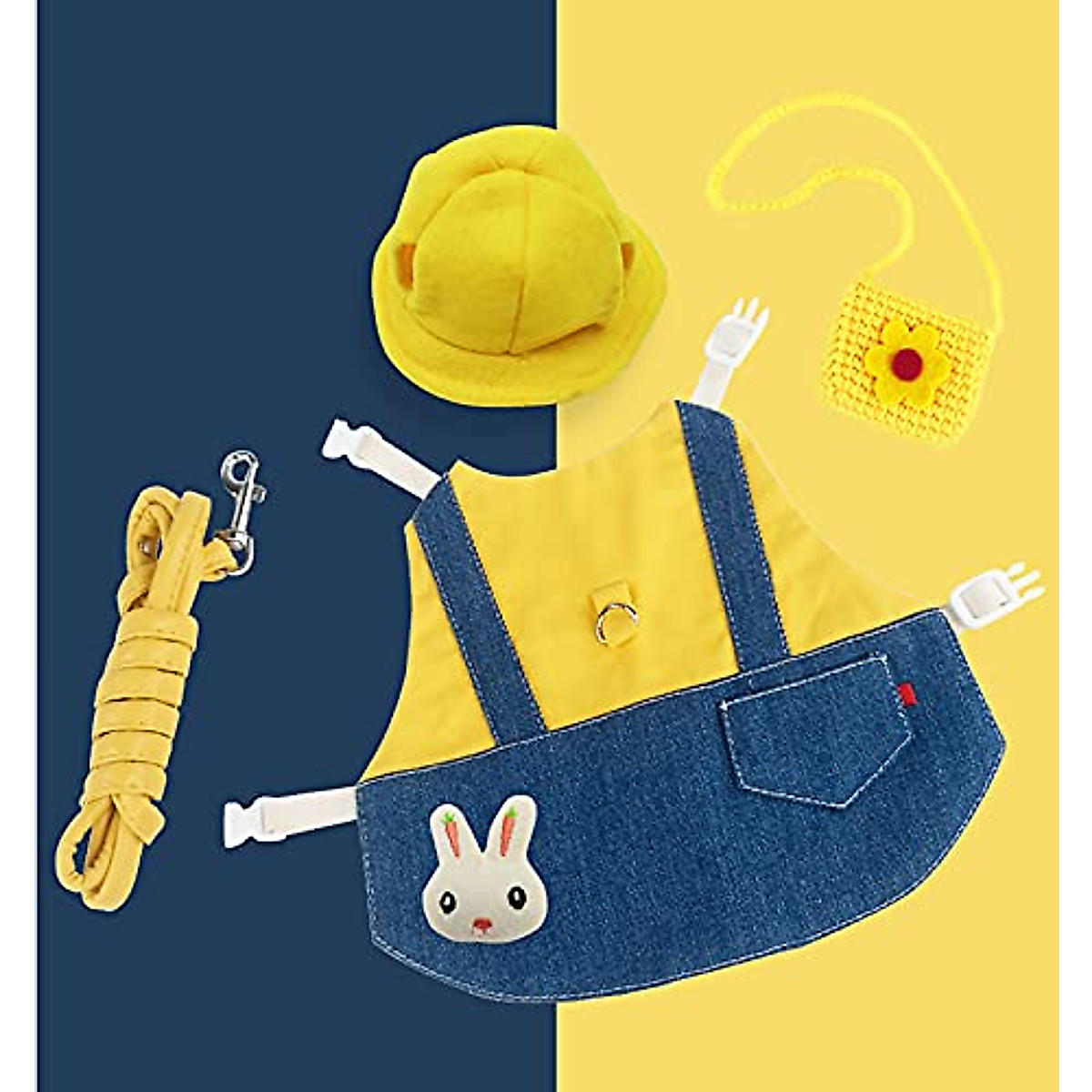 Pet Rabbit Dresses, 5 Pcs Denim Small Animal Harness Vest and Leash Set, Guinea Pig Clothes with Mini Hat Bag, Towing Rope Accessory Set for Bunny Rabbits Hamsters Mini Cats Dogs and Small Animals, M