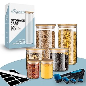 6 Glass Food Storage Jars With Airtight Bamboo Lid | 3 Sizes of Containers with Spoons And Labels | Organize Your Pantry, Kitchen, or Bathroom. Good for Pasta, Use Them For Coffee, Food, or Soap