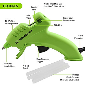 Surebonder Ultra Low Temperature Cool Shot Mini Glue Gun, Compact Size, Extra Safe at 10 Watts, Bonds Delicate Materials Like Paper, Fabric, Foam, Flowers, 12 Sticks Included (Plus Series KD-160FKIT)
