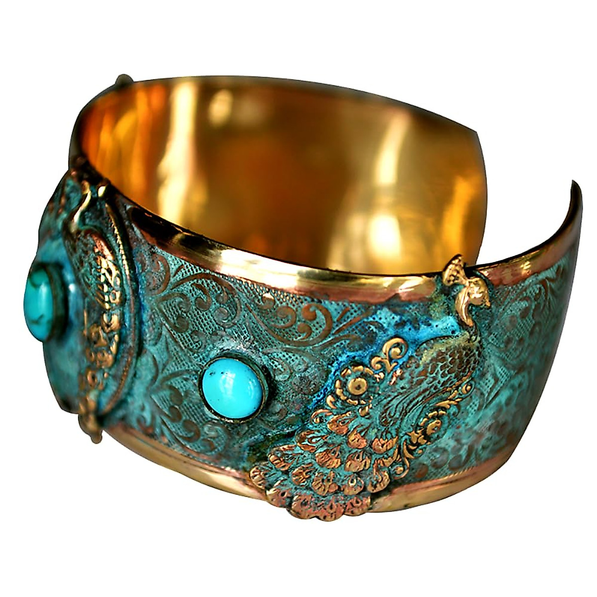 Elaine Coyne Collectible Artwear Verdigris Patina Brass Peacocks in Paradise Cuff Bracelet - Turquoise