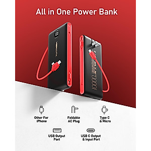 VEEKTOMX Portable Charger with Built in Cables 22.5W 10000mAh, Power Bank for iPhone with AC Wall Plug, Fast Charging USB C Slim Battery Pack with LED Display Compatible with iPhone15/14/13, Samsung