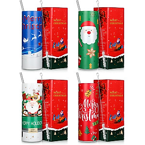 Mifoci 4 Pcs Christmas Skinny Tumblers Set 20 oz Christmas Stainless Steel Tumbler with Lid and Straw Christmas Double Insulated Cup Coffee Mug Tumbler Xmas Gift Set for Women Men Family, 4 Styles