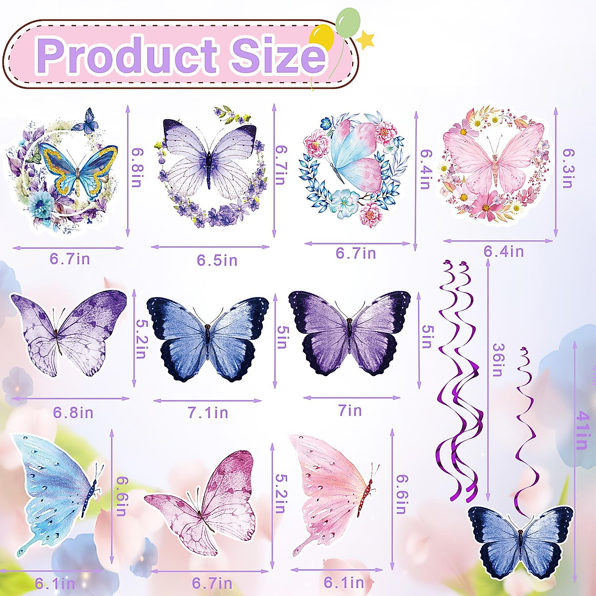 JUNEBRUSHS 46Pcs No Installation Hanging Butterfly Decorations Butterfly Birthday Decorations Spring Summer Themed Swirls Garland for Girl Birthday Wedding Party Baby Shower Garden Party